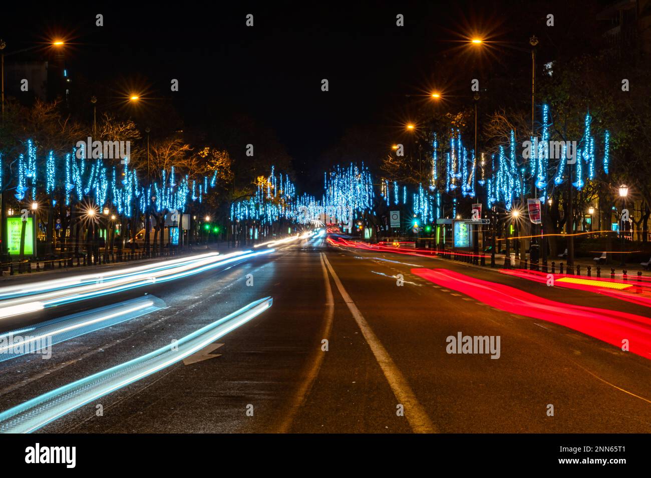 Long exposure at night of the Freedom Avenue illuminated with Christmas ...