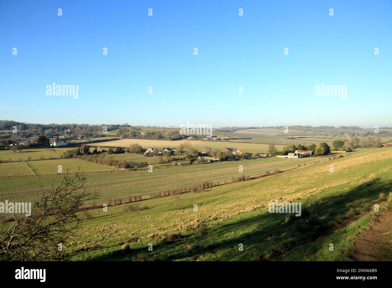 View of outlying houses on the North Downs outside Lyminge, Folkestone ...