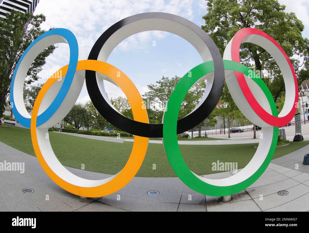 A photo shows a five-ring Olympic emblem in ftont of National Stadium ...