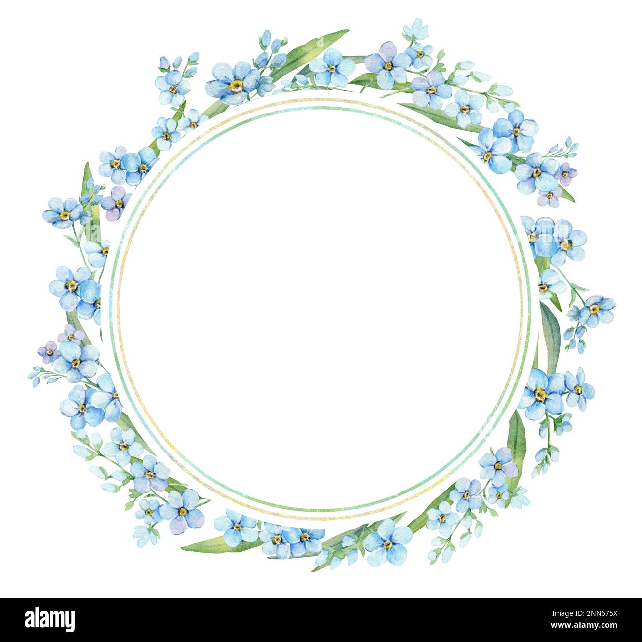 Watercolor Forget-Me-Nots wreath. Greenery Floral frame. Hand drawn ...