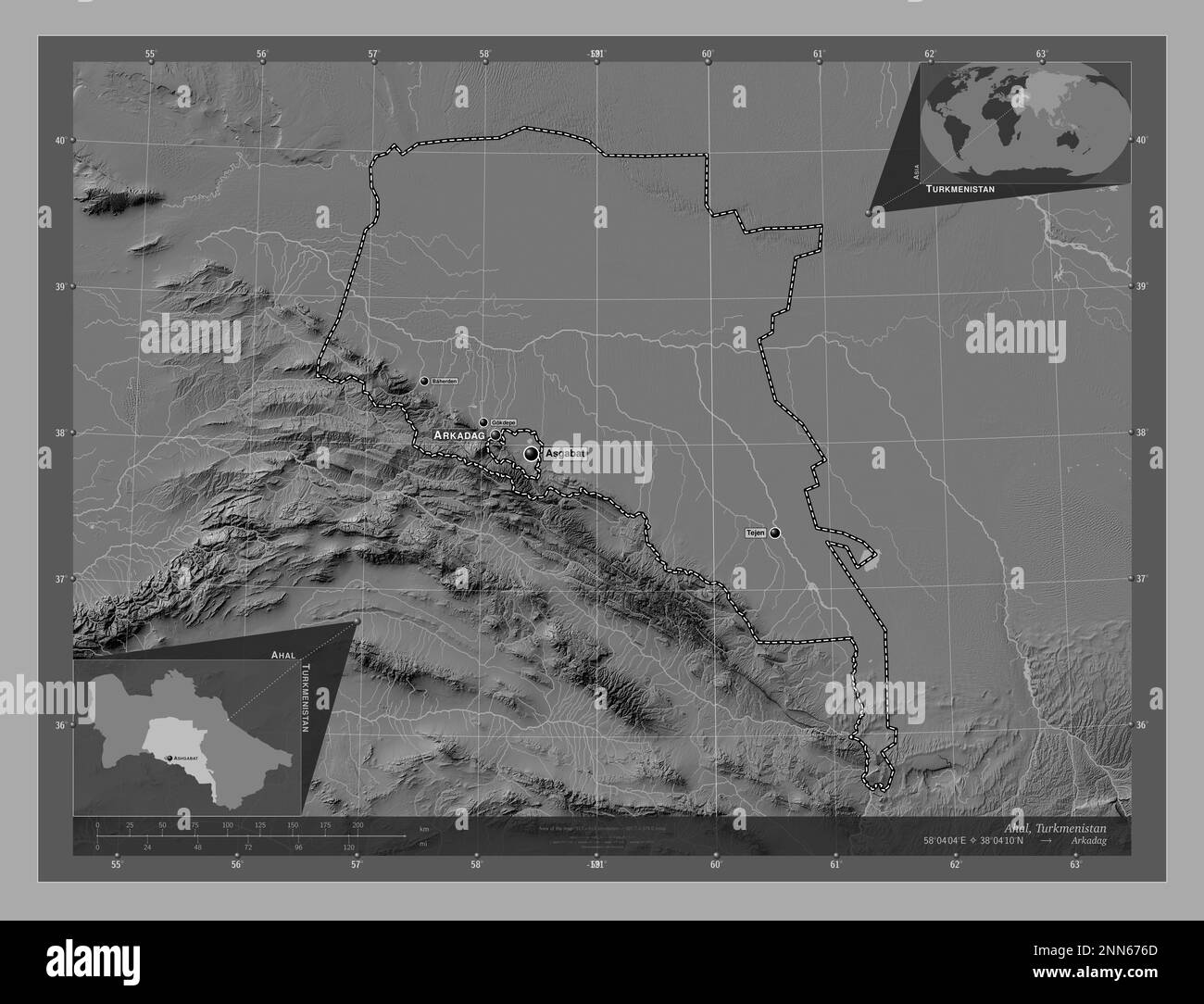 Ahal, province of Turkmenistan. Bilevel elevation map with lakes and ...