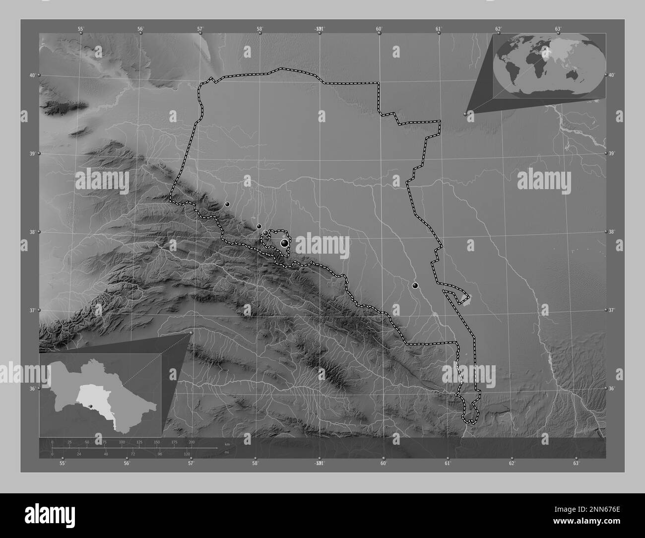Ahal, province of Turkmenistan. Grayscale elevation map with lakes and ...
