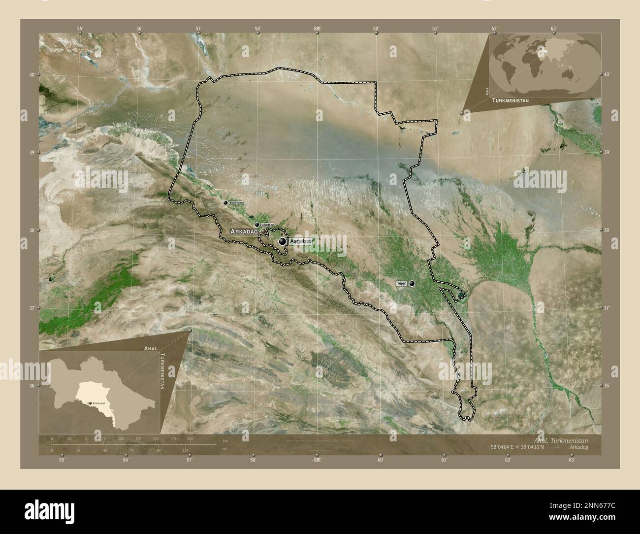 Ahal, province of Turkmenistan. High resolution satellite map ...