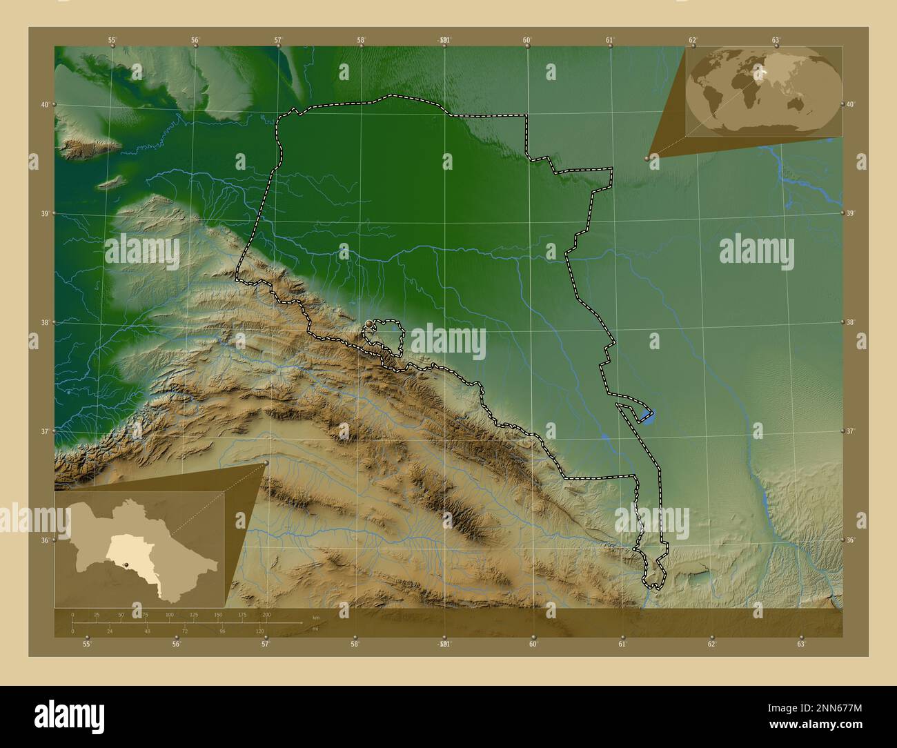 Ahal, province of Turkmenistan. Colored elevation map with lakes and ...