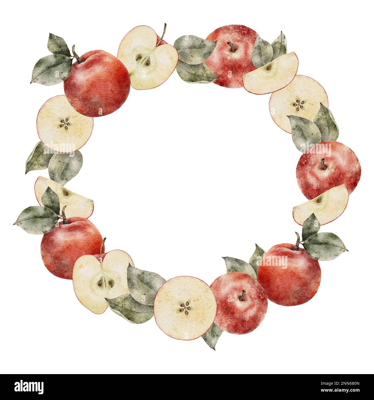 Watercolor Red Apples wreath. Hand drawn illustration isolated on white ...
