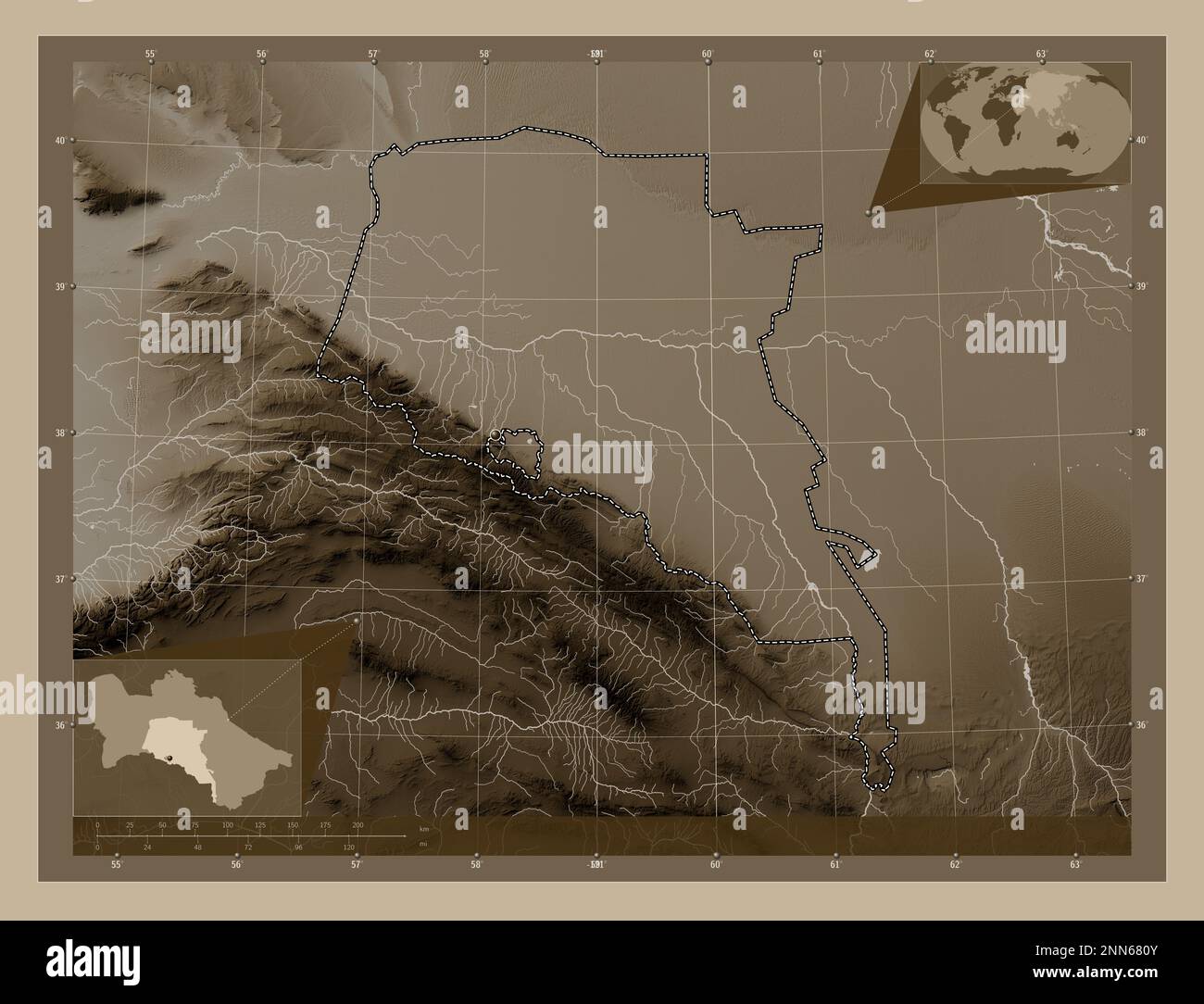 Ahal, province of Turkmenistan. Elevation map colored in sepia tones ...