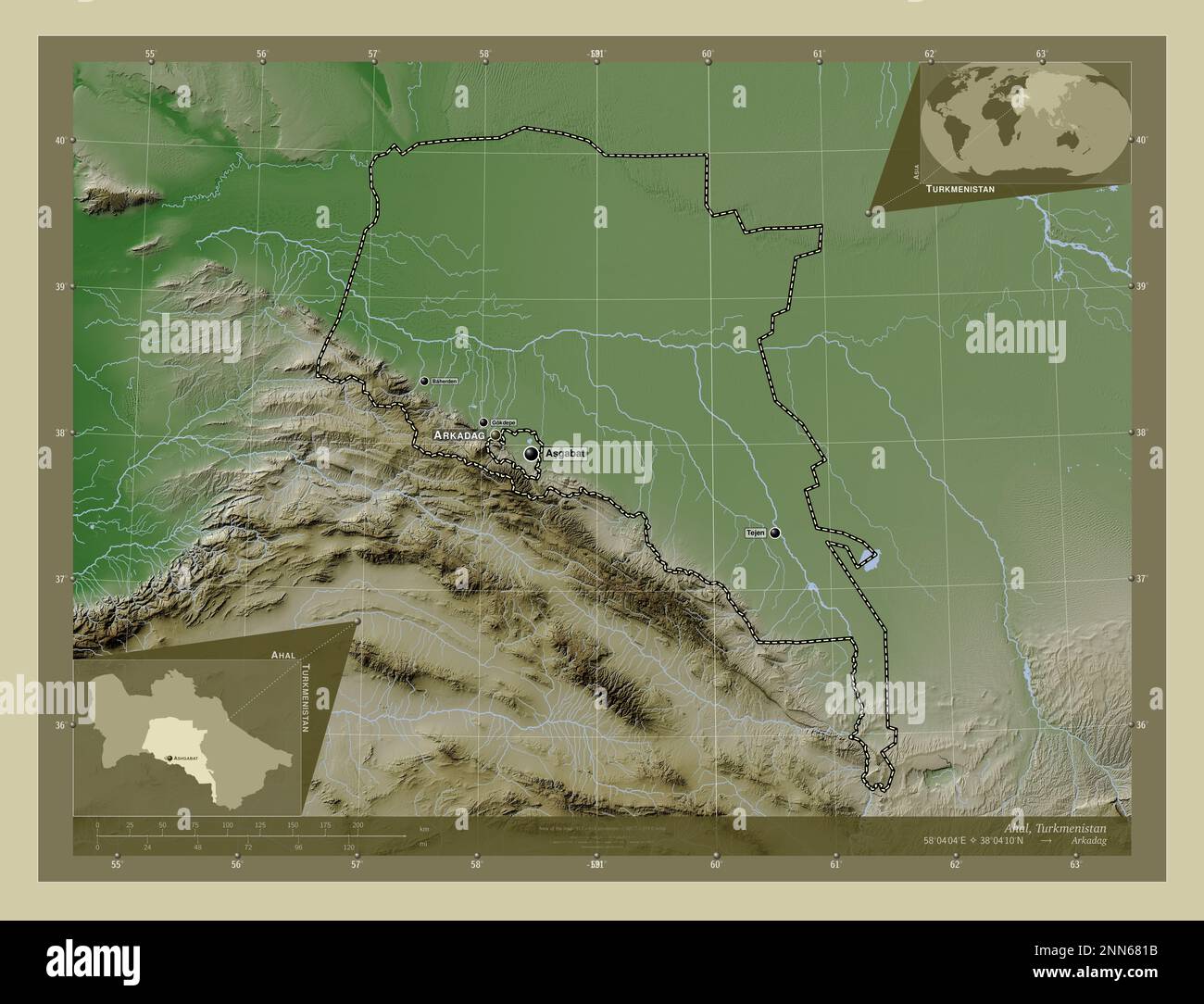Ahal, province of Turkmenistan. Elevation map colored in wiki style ...