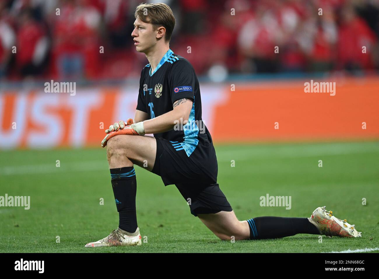 Russia's goalkeeper Matvei Safonov stretches during the Euro 2020 ...
