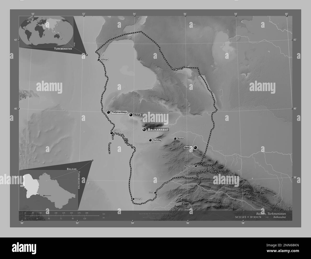 Balkan, province of Turkmenistan. Grayscale elevation map with lakes ...