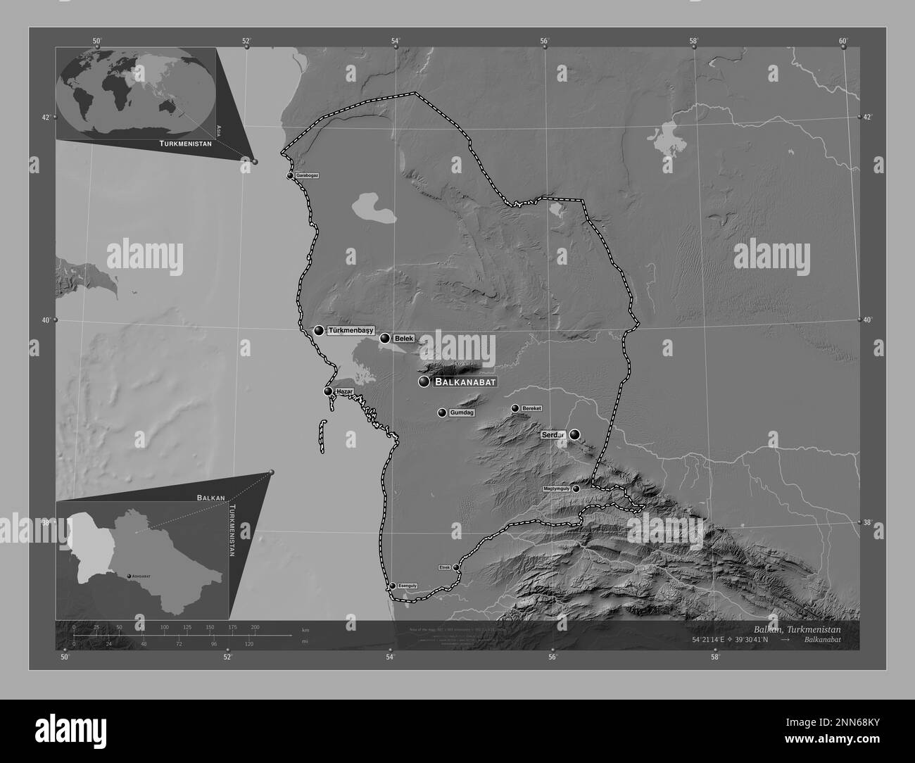 Balkan, province of Turkmenistan. Bilevel elevation map with lakes and ...