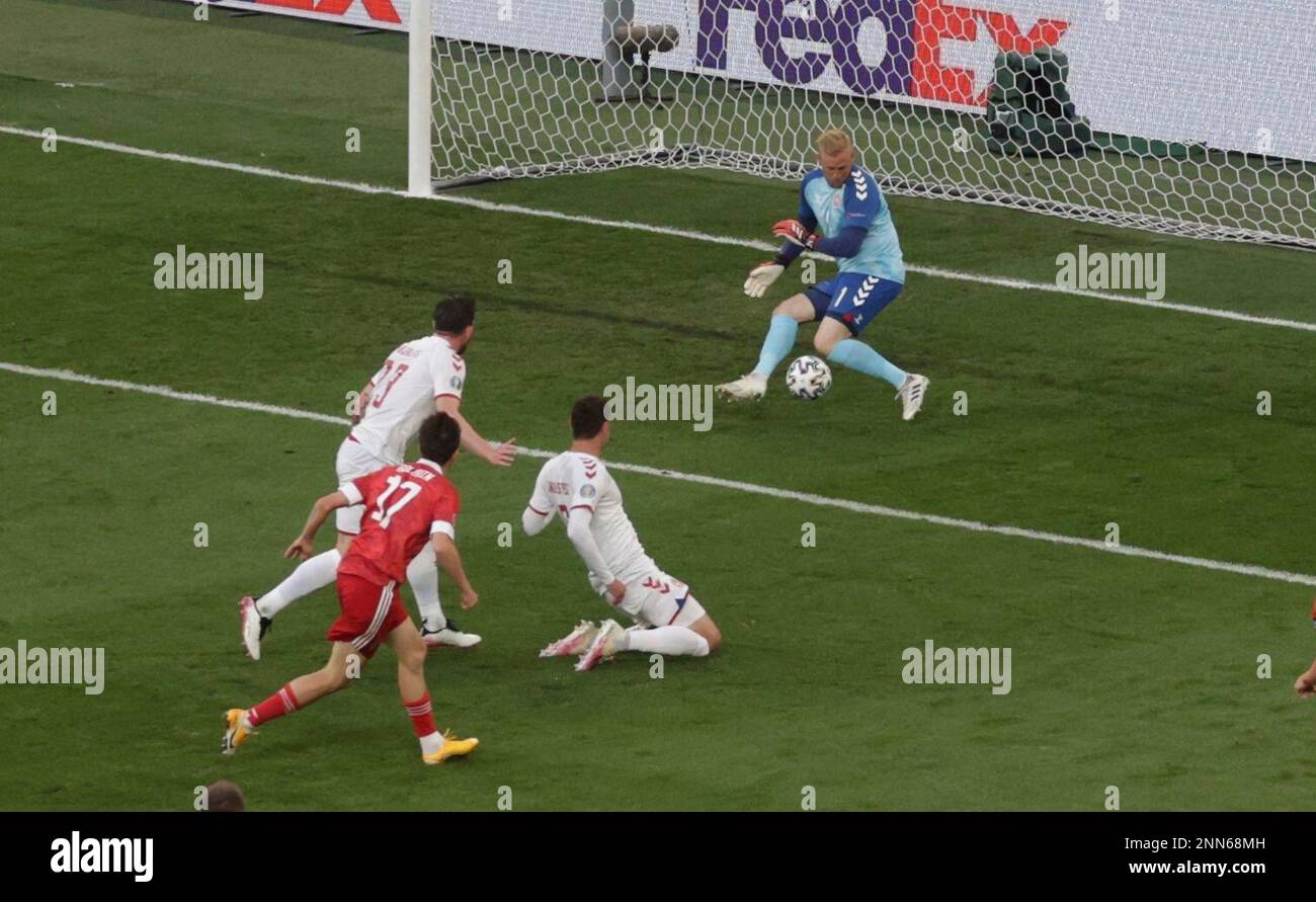 Denmark's goalkeeper Kasper Schmeichel saves the ball during the Euro ...
