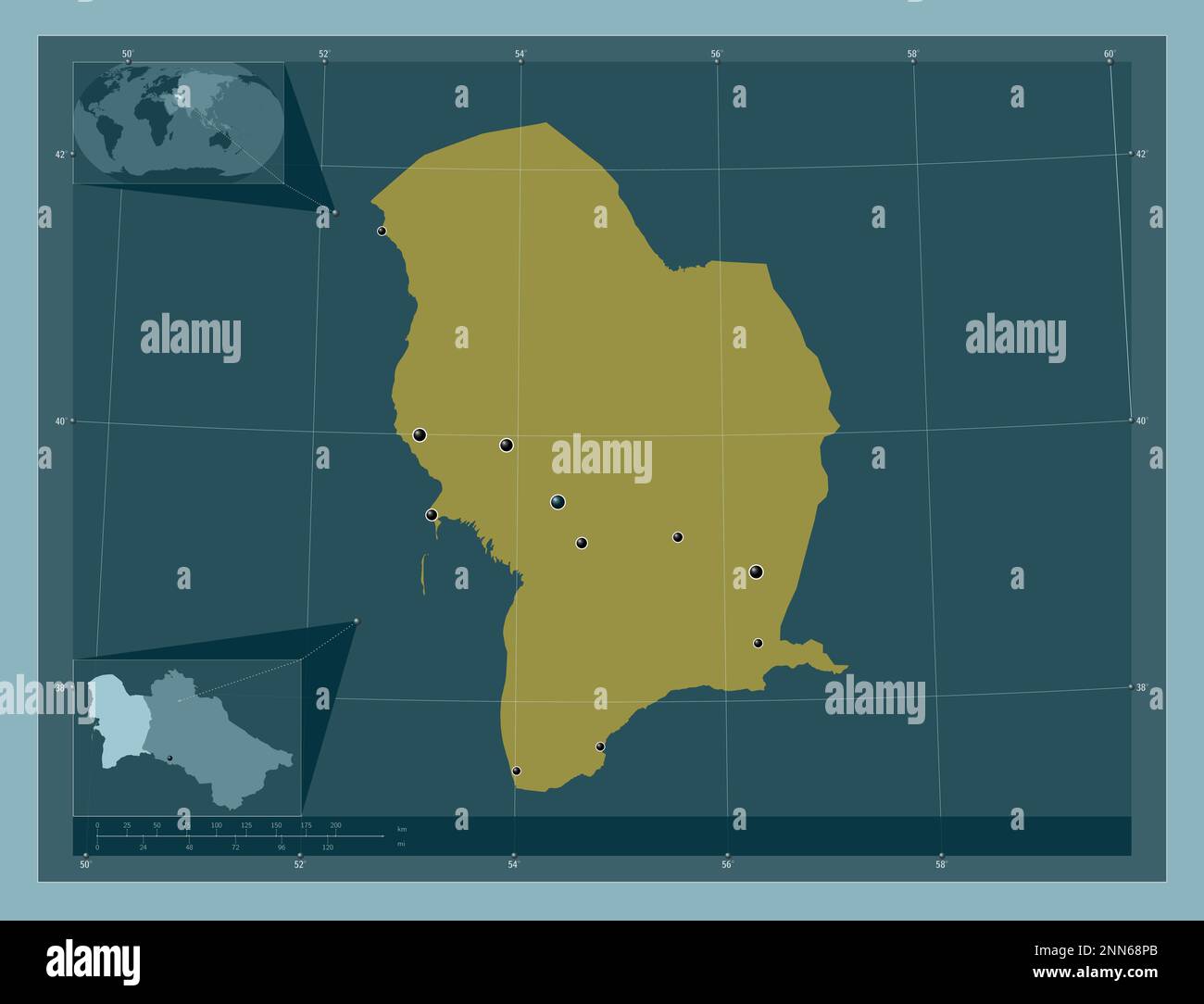 Balkan, province of Turkmenistan. Solid color shape. Locations of major ...