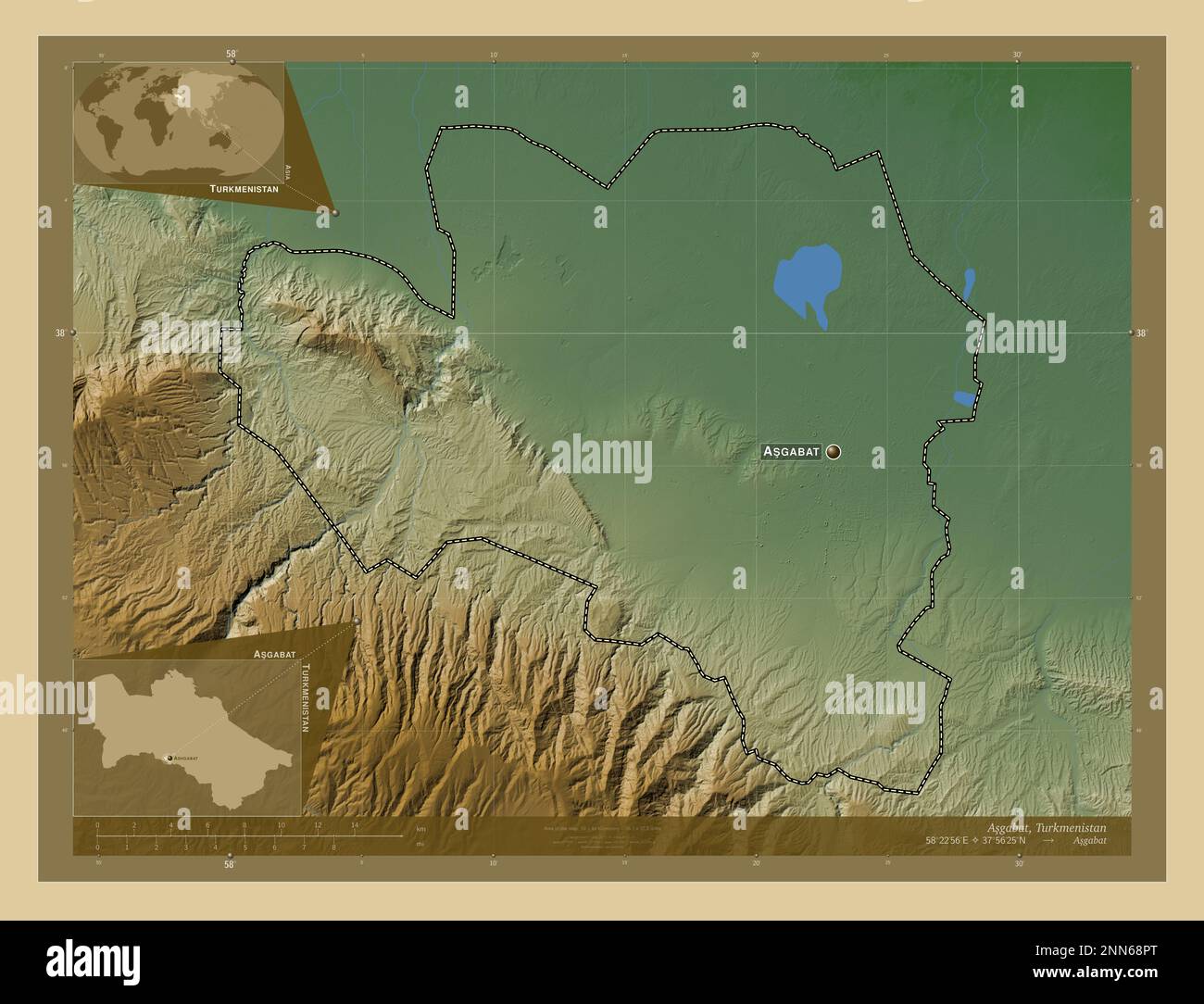Asgabat, independent city of Turkmenistan. Colored elevation map with ...