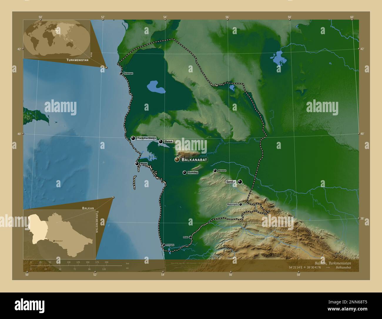 Balkan, province of Turkmenistan. Colored elevation map with lakes and ...