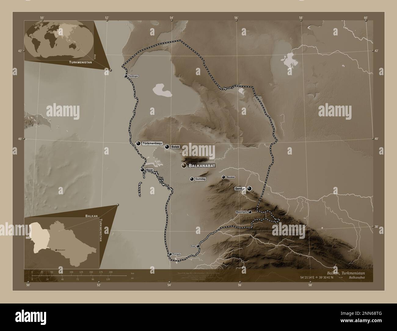 Balkan, province of Turkmenistan. Elevation map colored in sepia tones ...