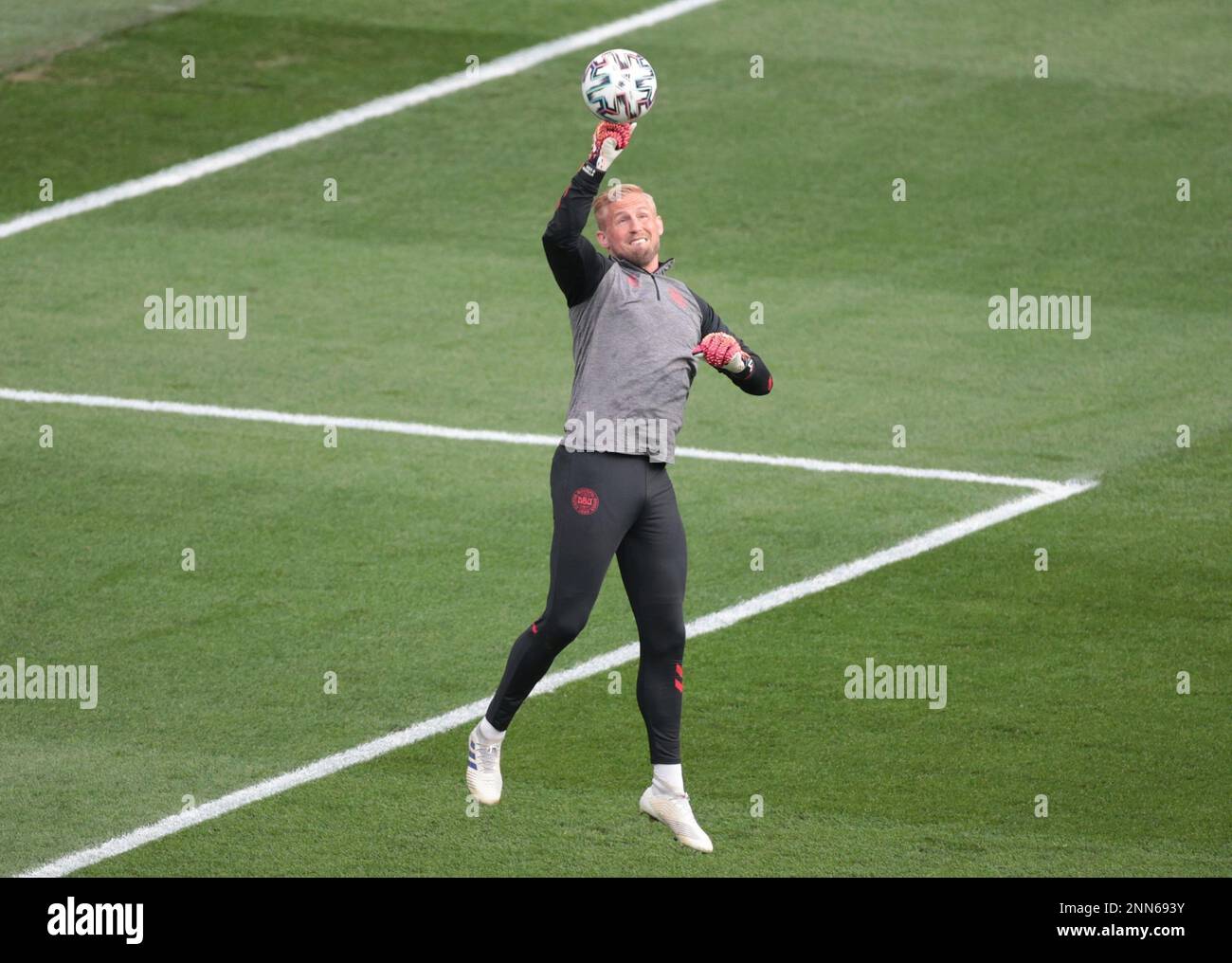 Denmark's goalkeeper Kasper Schmeichel warms up before the Euro 2020 ...