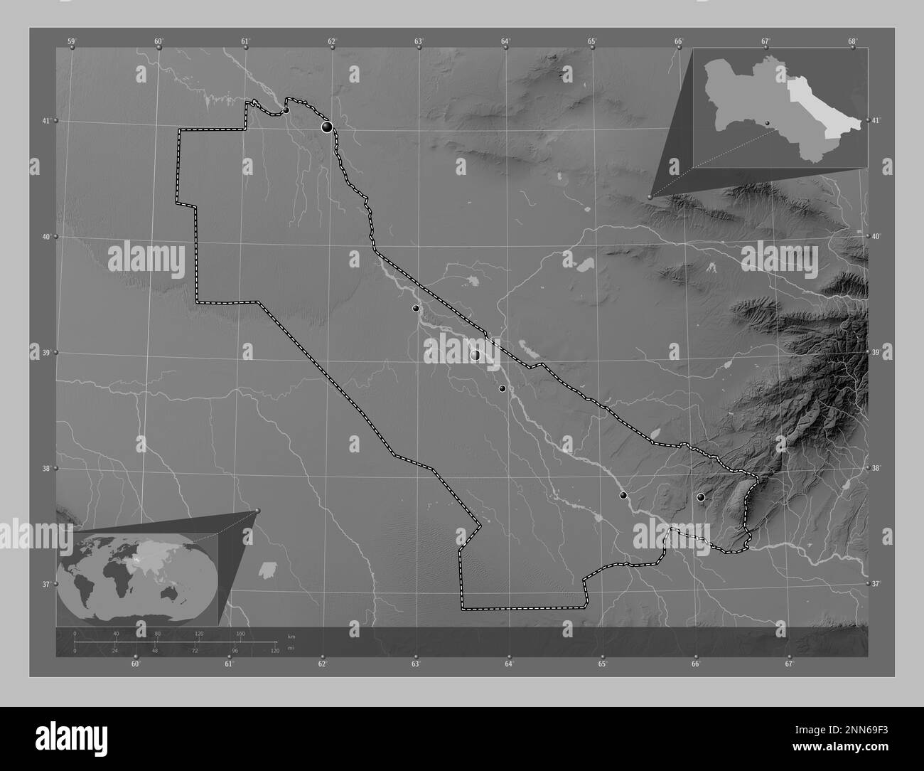 Chardzhou, province of Turkmenistan. Grayscale elevation map with lakes ...