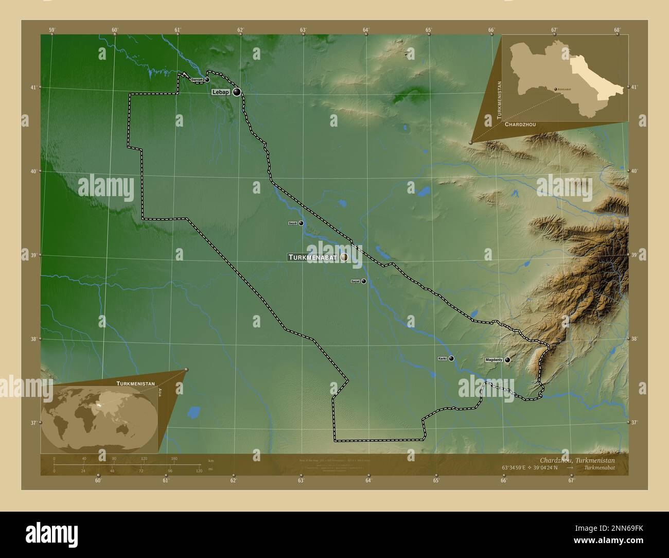 Chardzhou, province of Turkmenistan. Colored elevation map with lakes ...