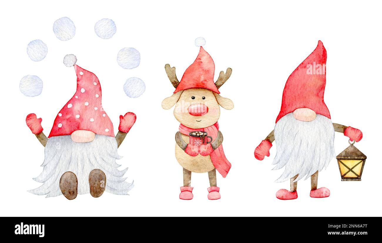 Adorable Christmas Gnome and deer, scandinavian elf with snowballs ...