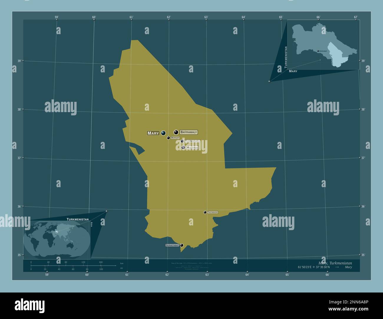 Mary, province of Turkmenistan. Solid color shape. Locations and names ...