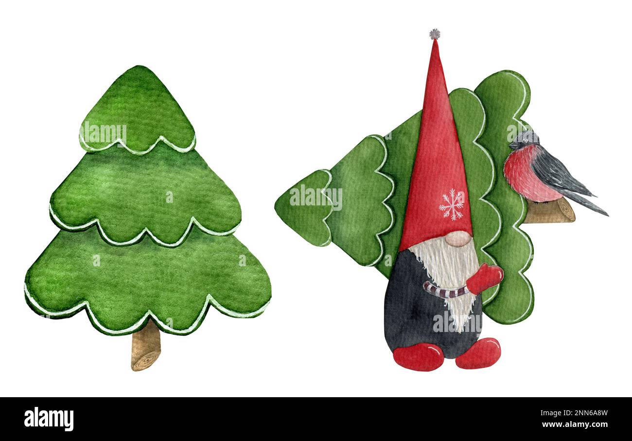 Christmas Gnome with pine tree, scandinavian elf with gift, watercolor ...