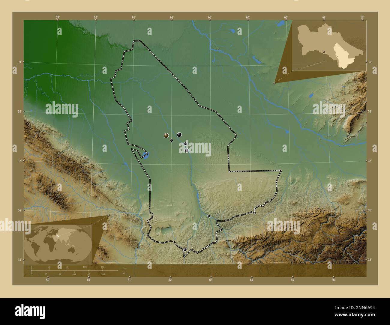 Mary, province of Turkmenistan. Colored elevation map with lakes and ...