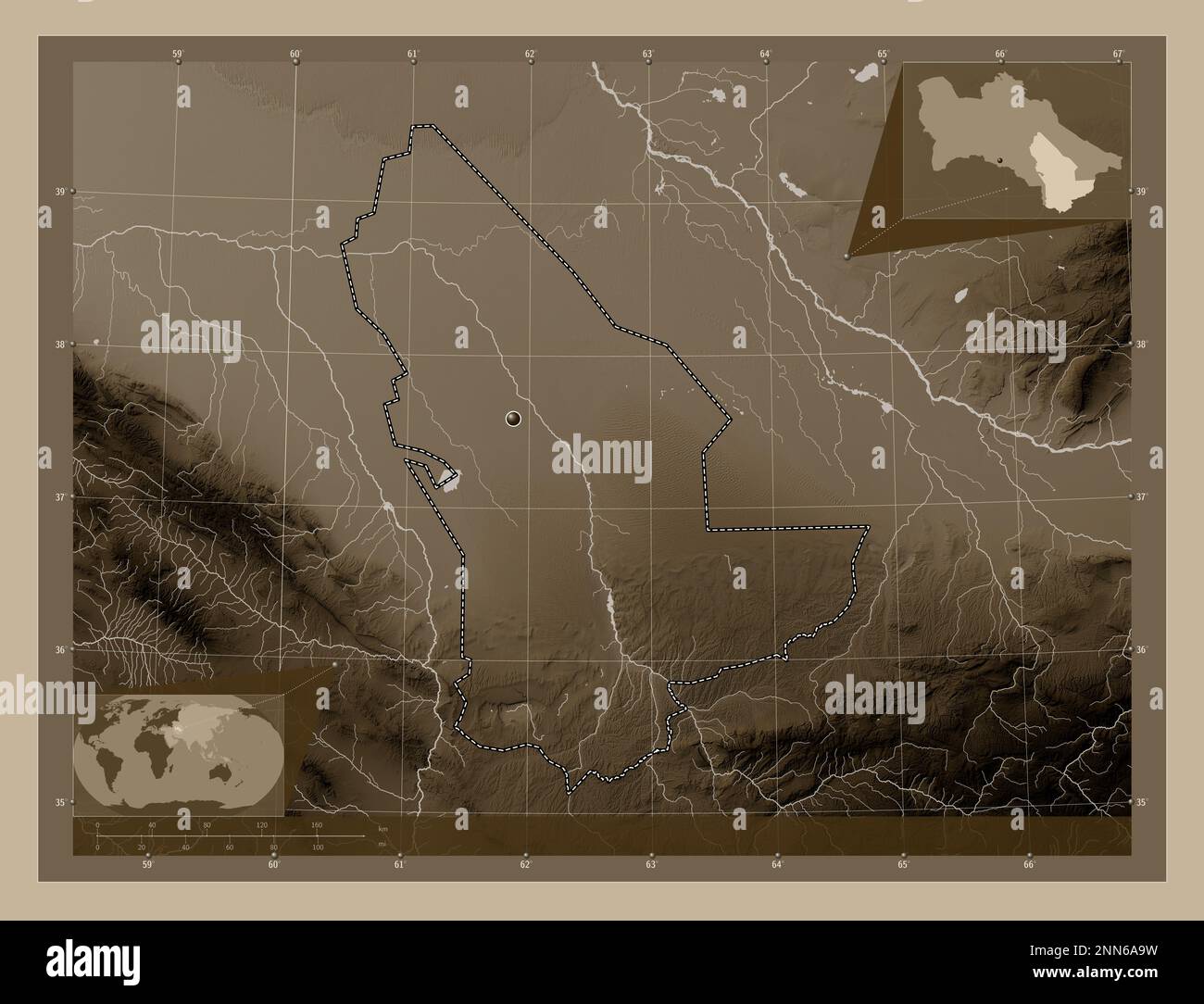 Mary, province of Turkmenistan. Elevation map colored in sepia tones ...