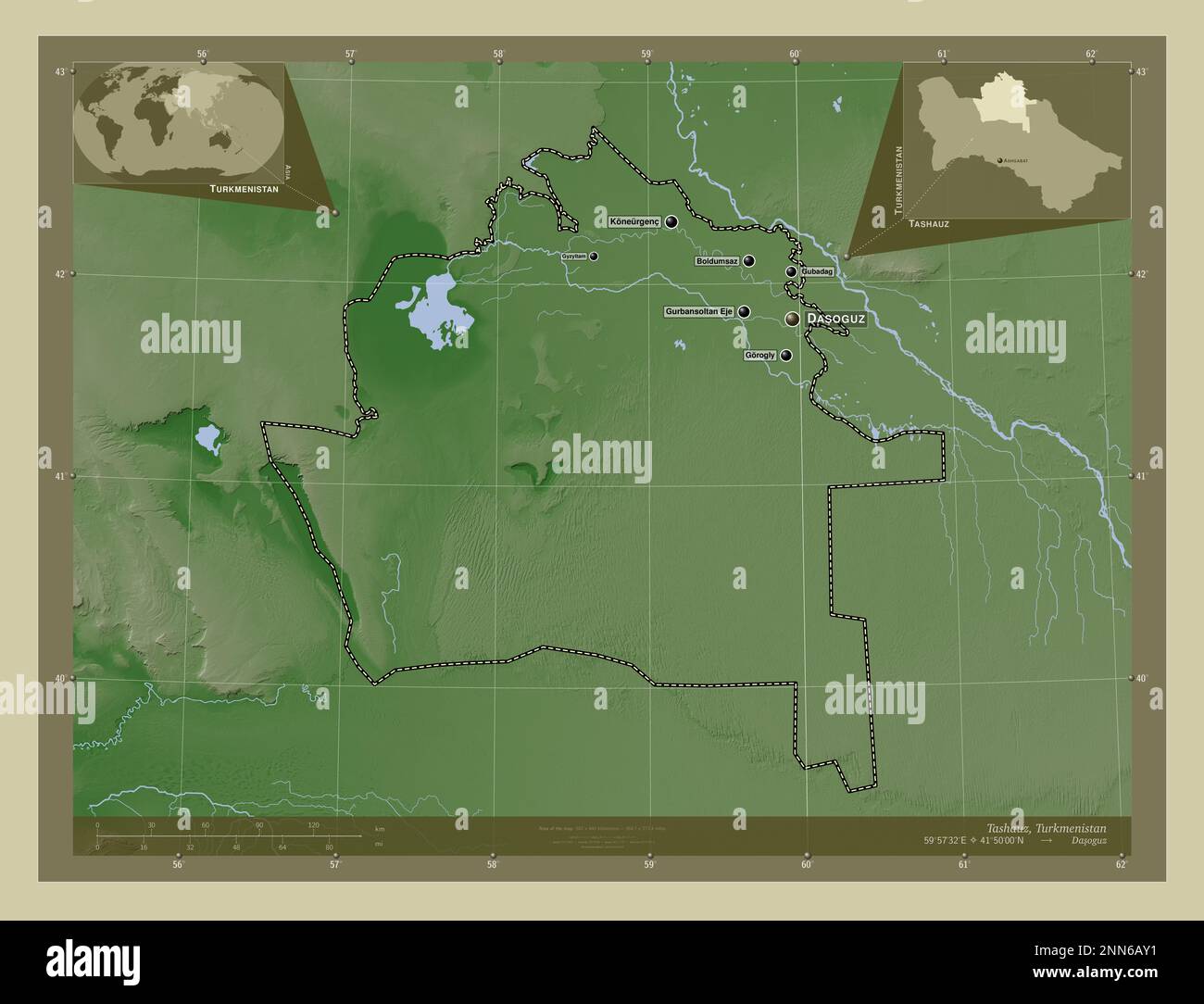 Tashauz, province of Turkmenistan. Elevation map colored in wiki style ...