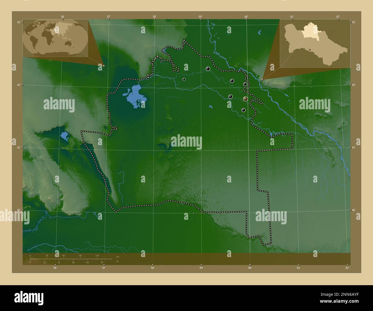Tashauz, province of Turkmenistan. Colored elevation map with lakes and ...