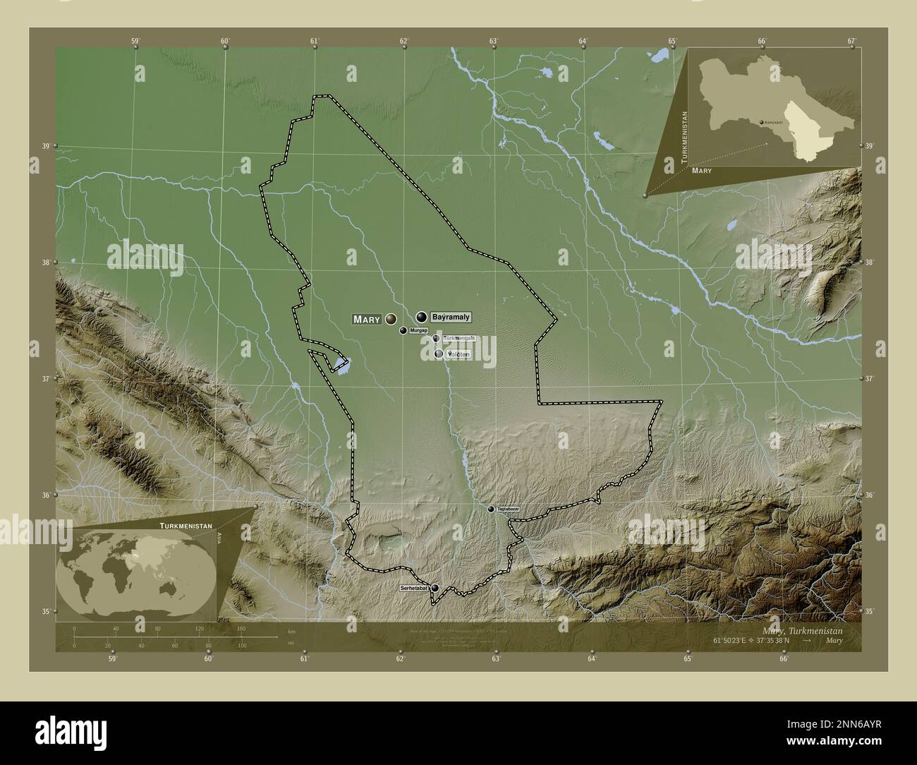 Mary, province of Turkmenistan. Elevation map colored in wiki style ...