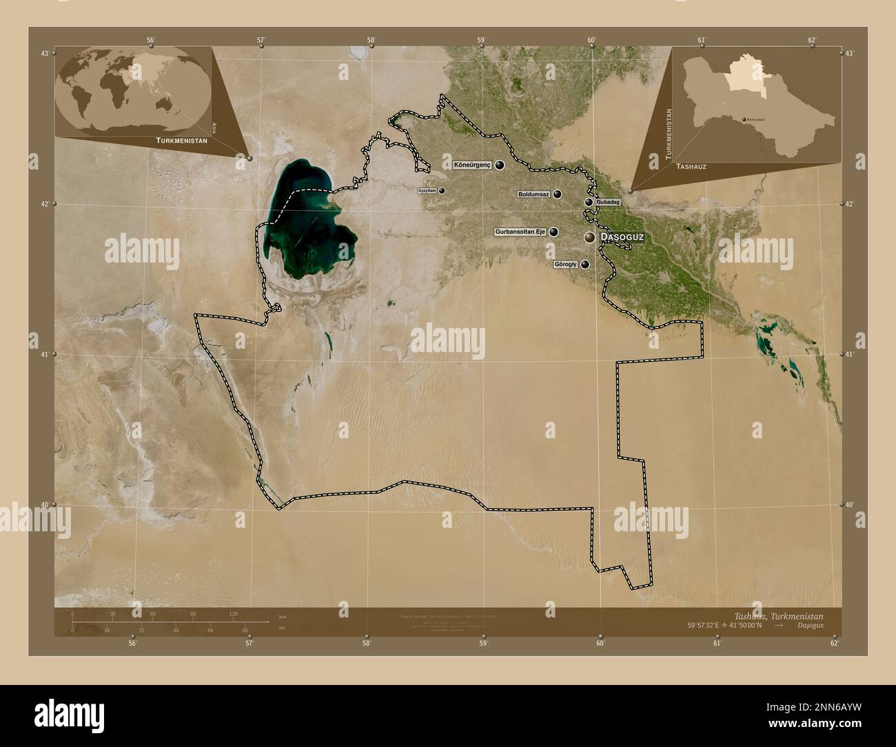 Tashauz, province of Turkmenistan. Low resolution satellite map ...