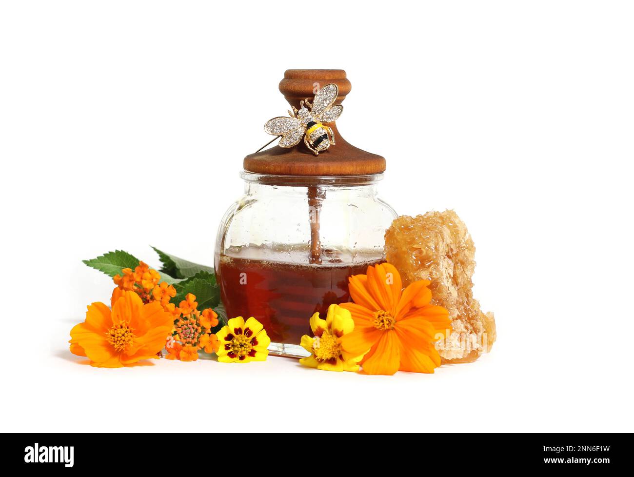 Fresh Local Honey With Honeycomb and Flowers Isolated on White ...