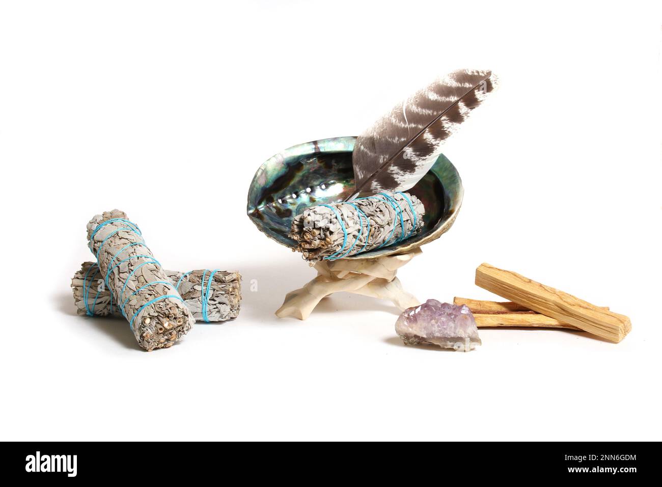 Abalone Shell With Sage Incense and Amethyst Stone For Cleansing and Purification Isolated on ...