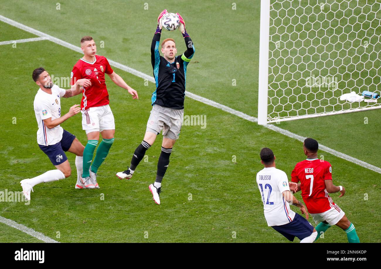 Hungary's goalkeeper Peter Gulacsi reaches up to take the ball during ...