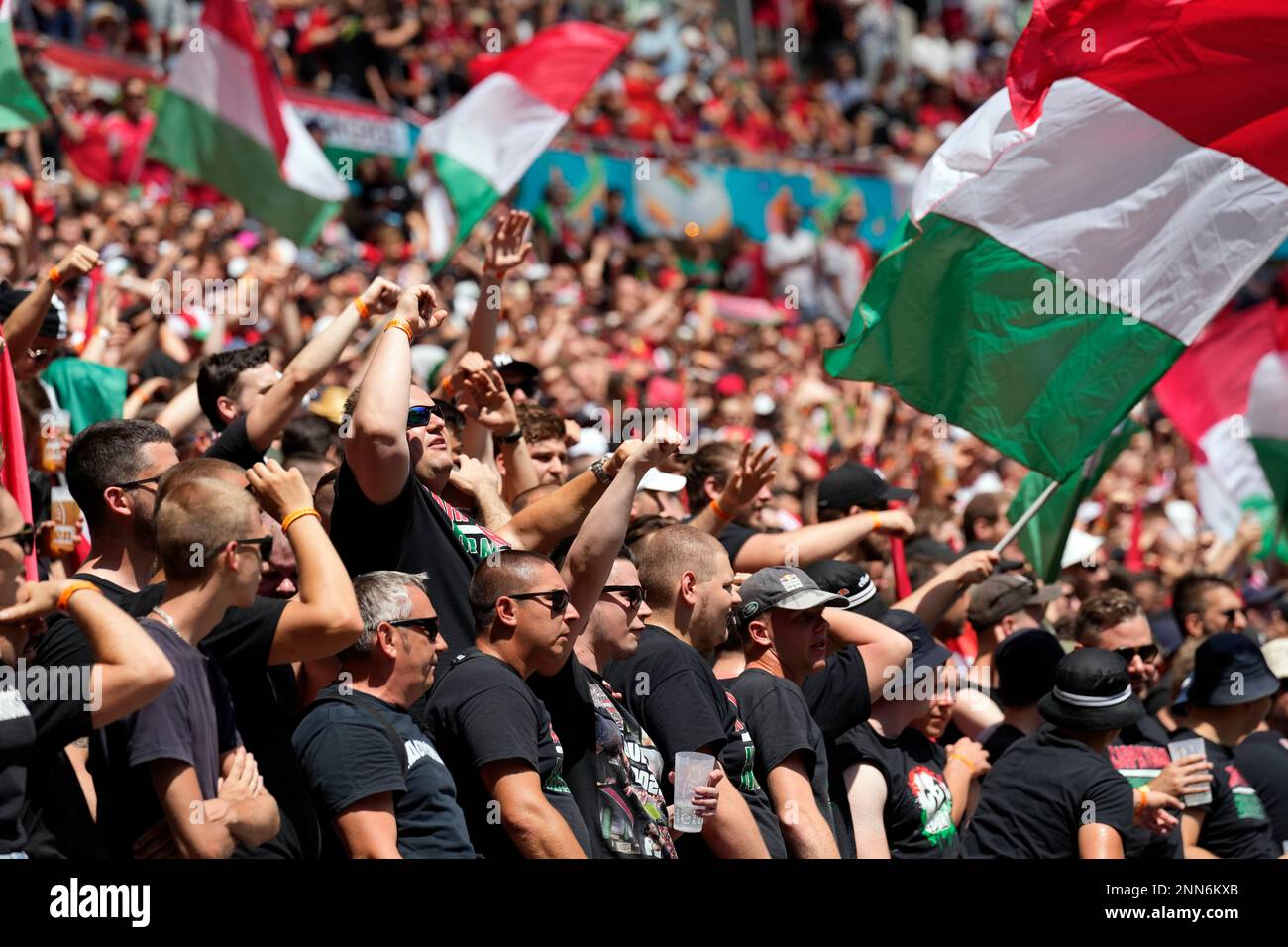 Hungarian fans wave their national flags prior to the Euro 2020 soccer ...