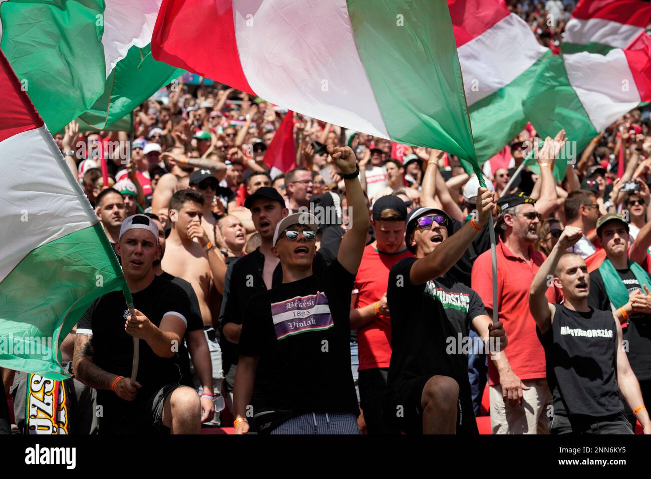 Hungarian fans wave their national flags prior to the Euro 2020 soccer ...
