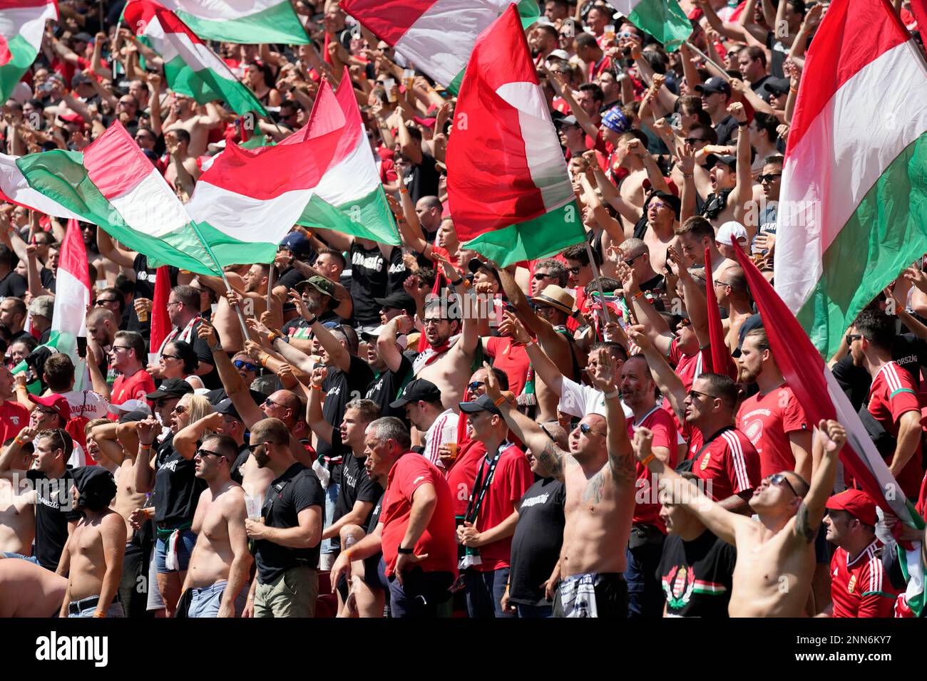 Hungarian fans wave their national flags prior to the Euro 2020 soccer ...