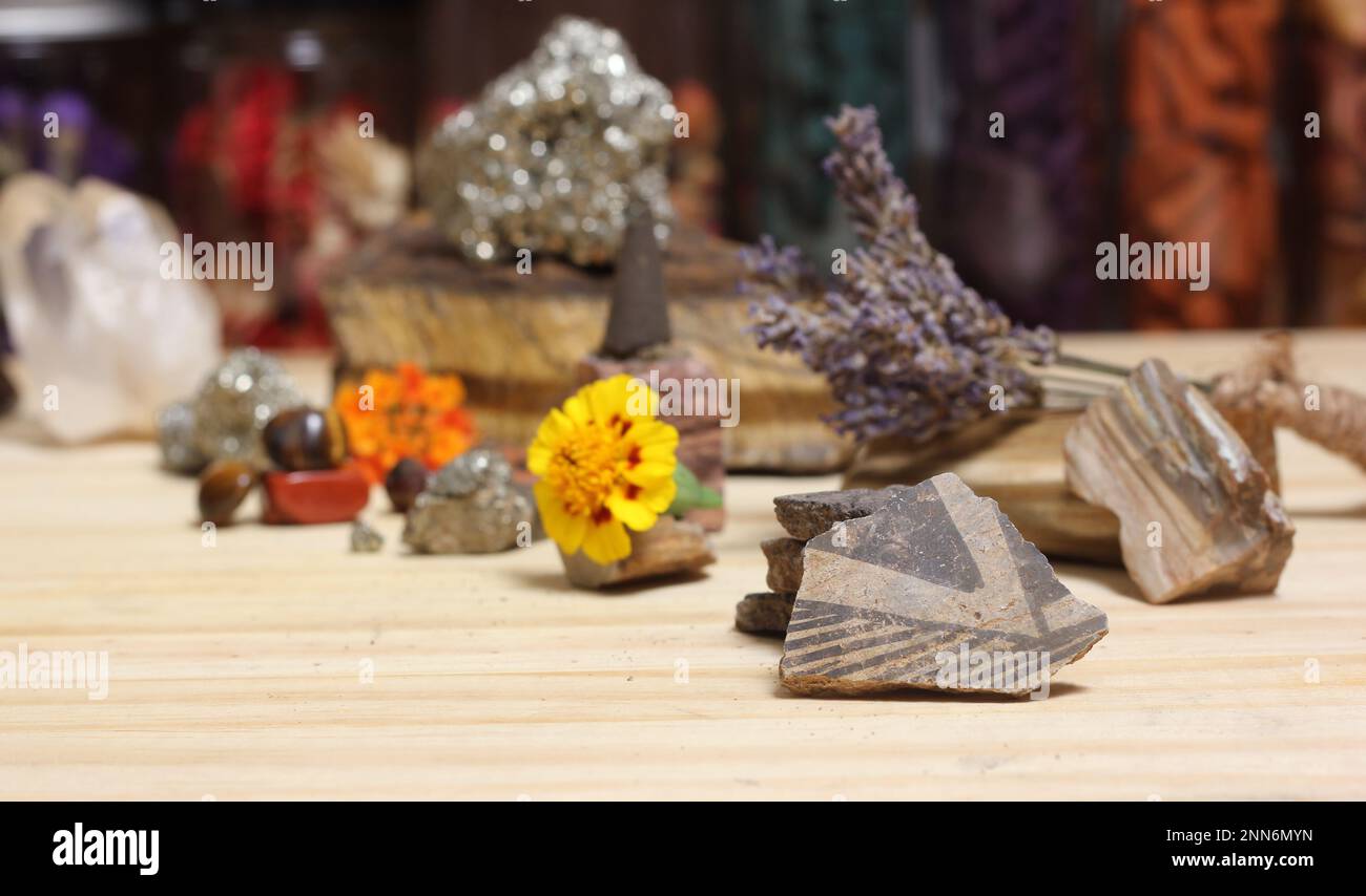 Ancient Native American Pottery Pieces With Crystals and Flowers on ...