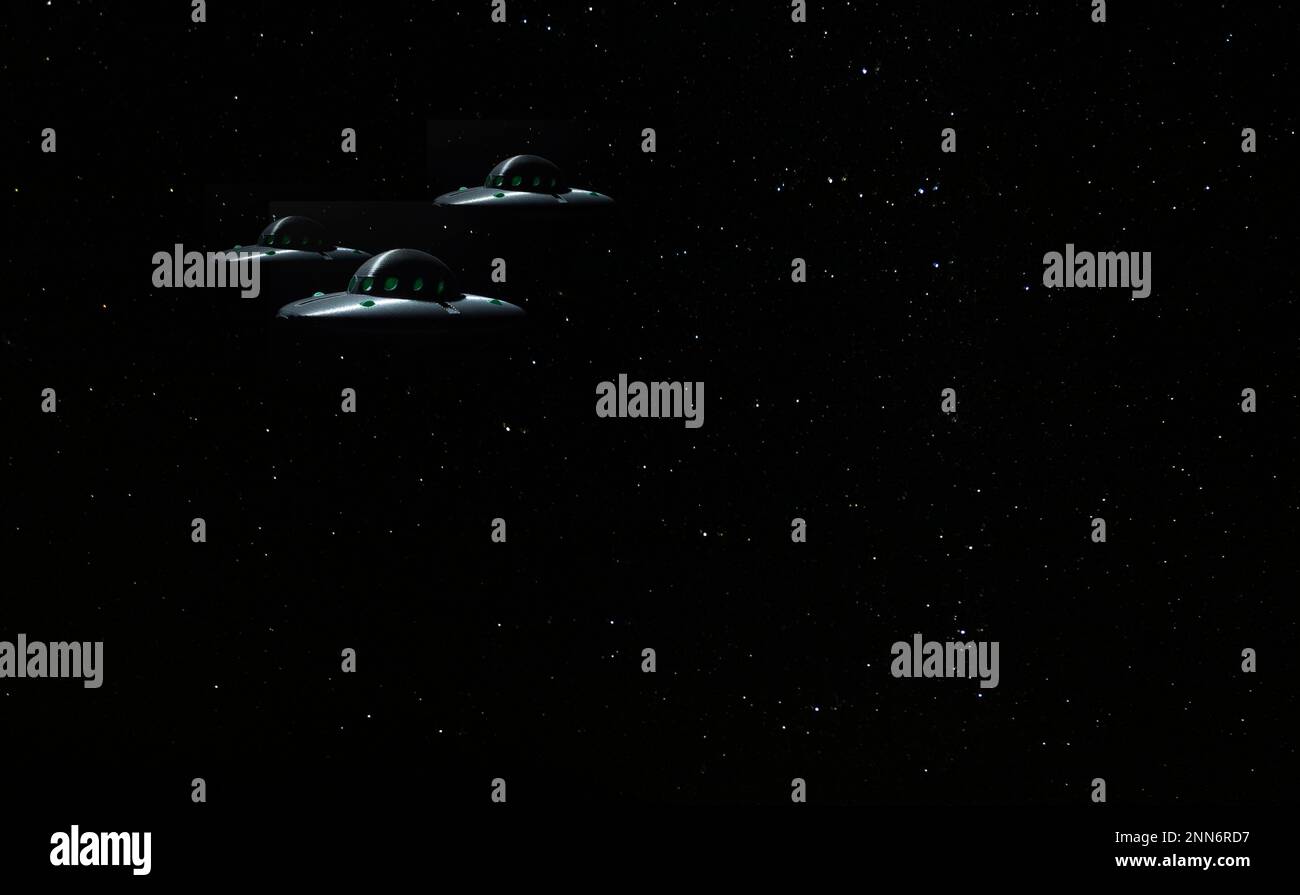 Spacecraft in attack formation with stars behind and copy space Stock ...