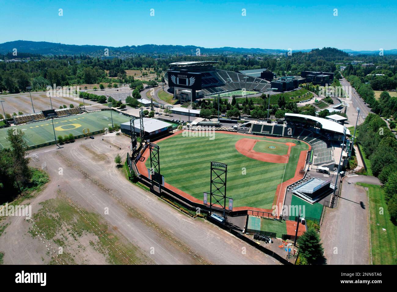 An aerial view of PK Park on the campus of University of Oregon with ...