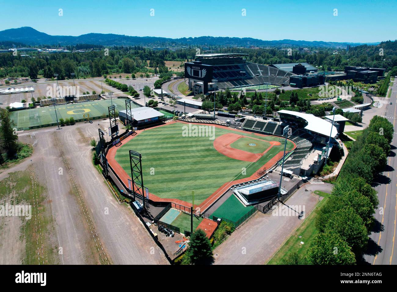 An aerial view of PK Park on the campus of University of Oregon with ...