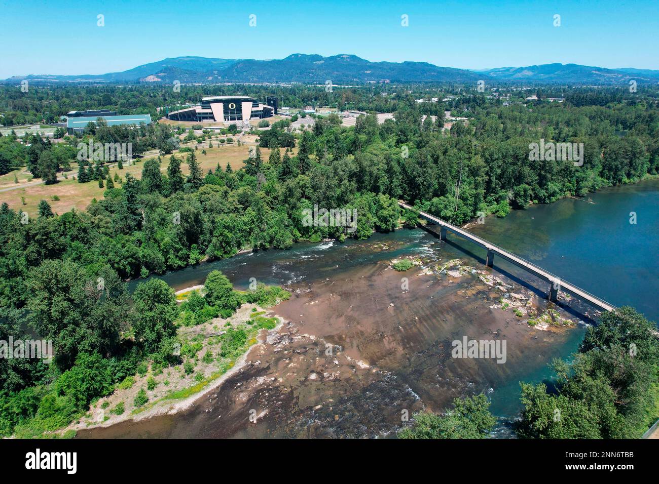 An aerial view of Autzen Stadium on the campus of University of Oregon ...