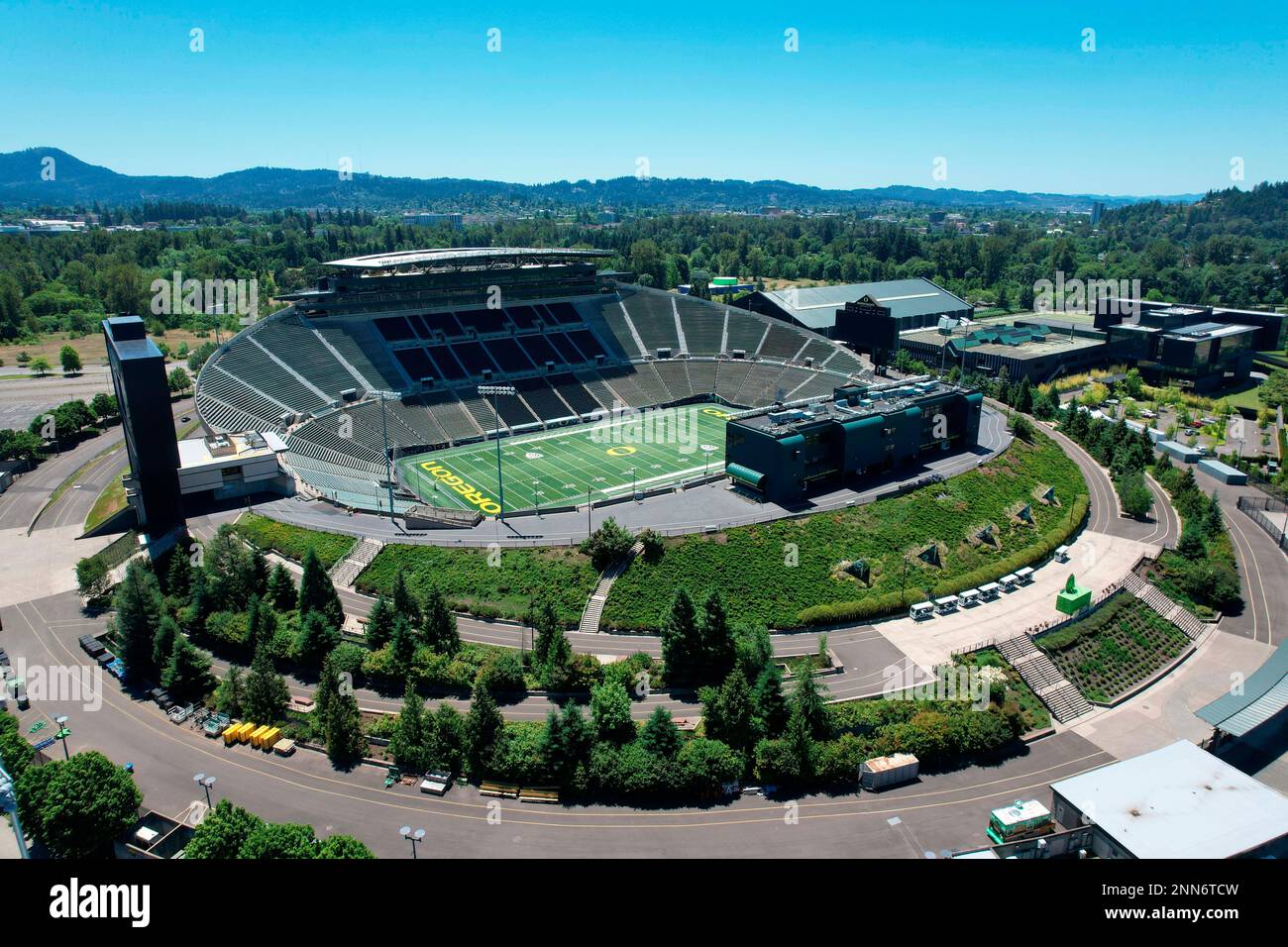 An aerial view of Autzen Stadium on the campus of University of Oregon ...