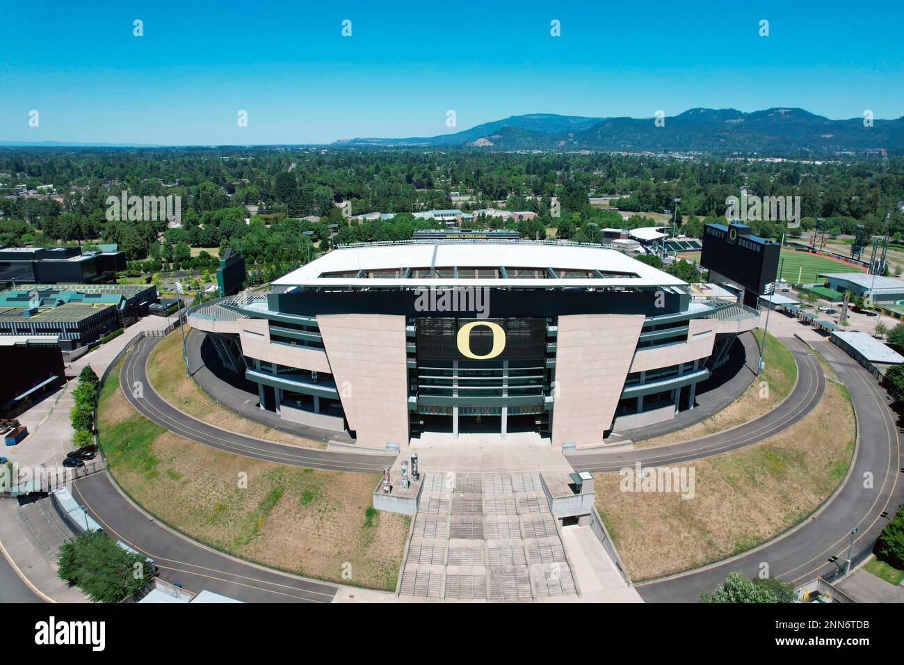 An aerial view of Autzen Stadium on the campus of University of Oregon ...