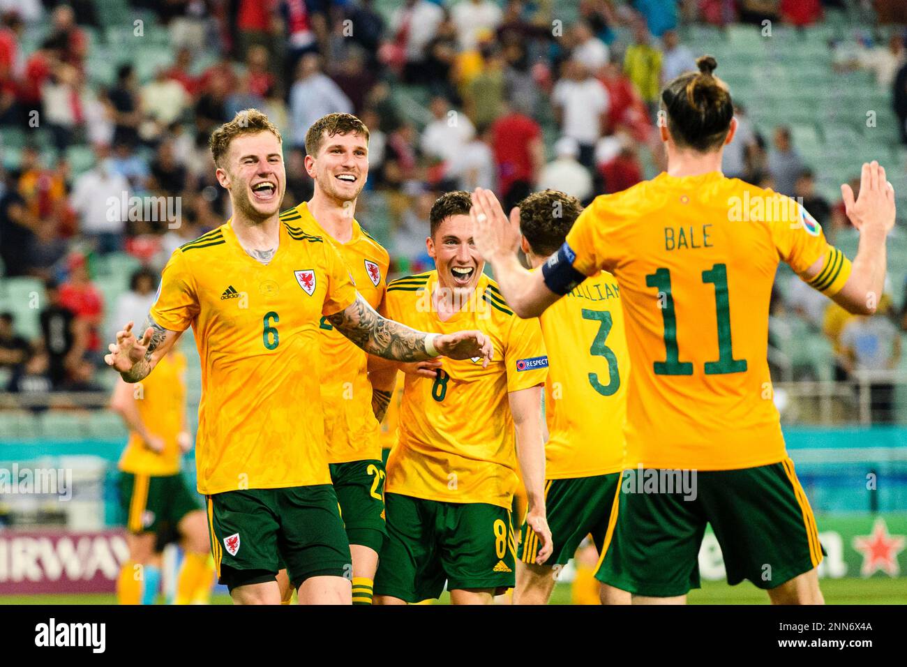 June 16, 2021, Baku, Azerbaijan: GARETH BALE of Wales (R) celebrating ...