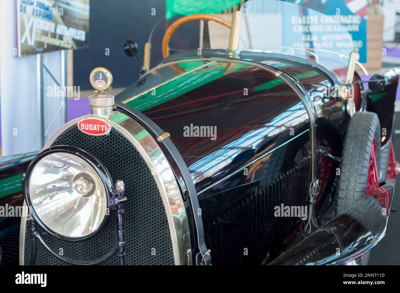 Front view of a Bugatti vinatage open car at the ClassicMadrid ...