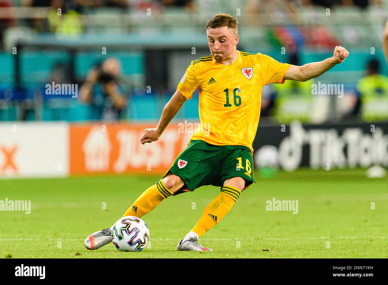 June 16, 2021, Baku, Azerbaijan: Joe Morrell of Wales looks to bring ...