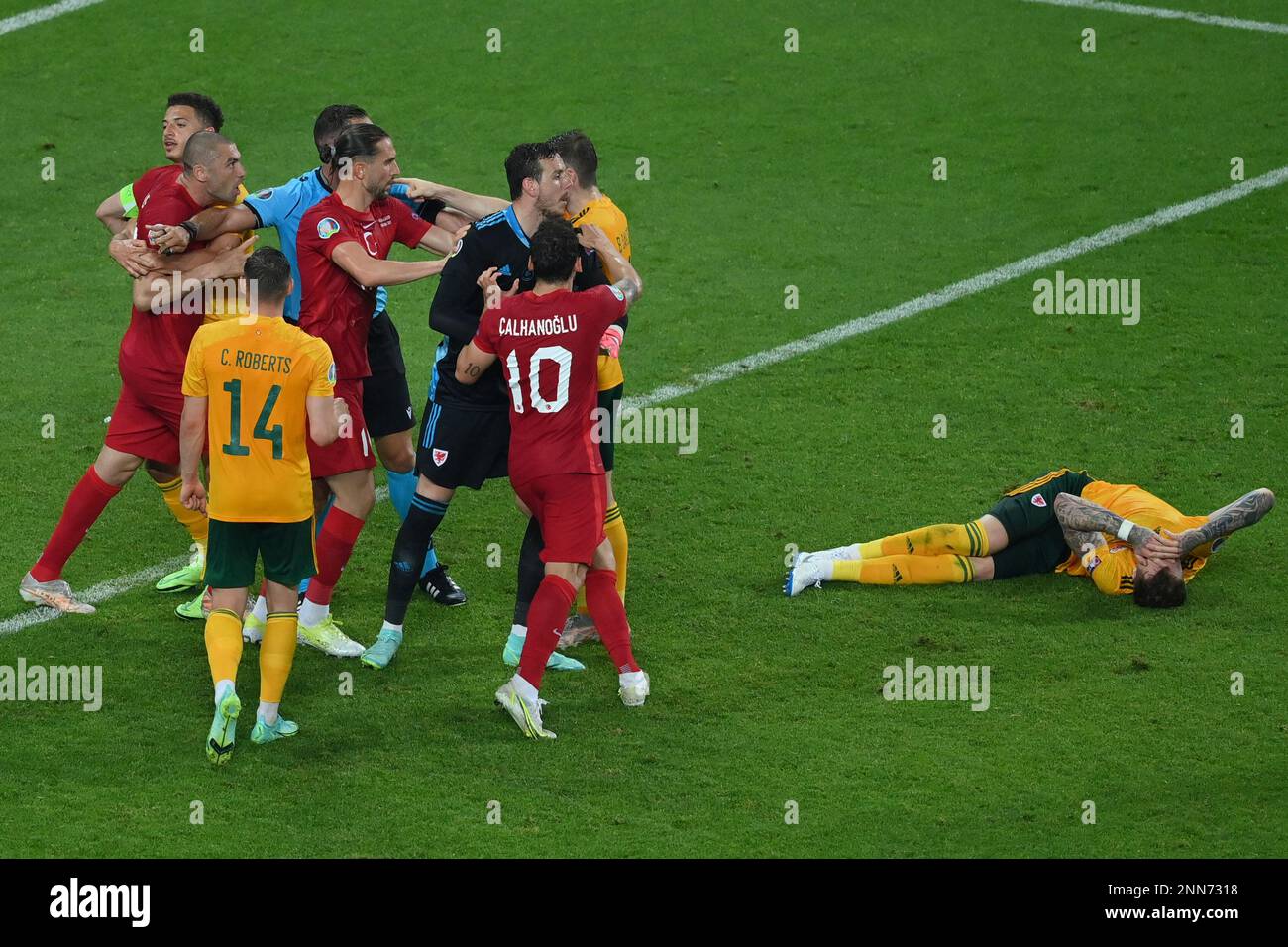 Players scuffle during the Euro 2020 soccer championship group A match ...