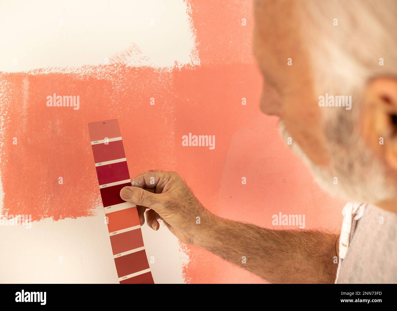 Senior man choosing paint from color palette for granddaughter room ...