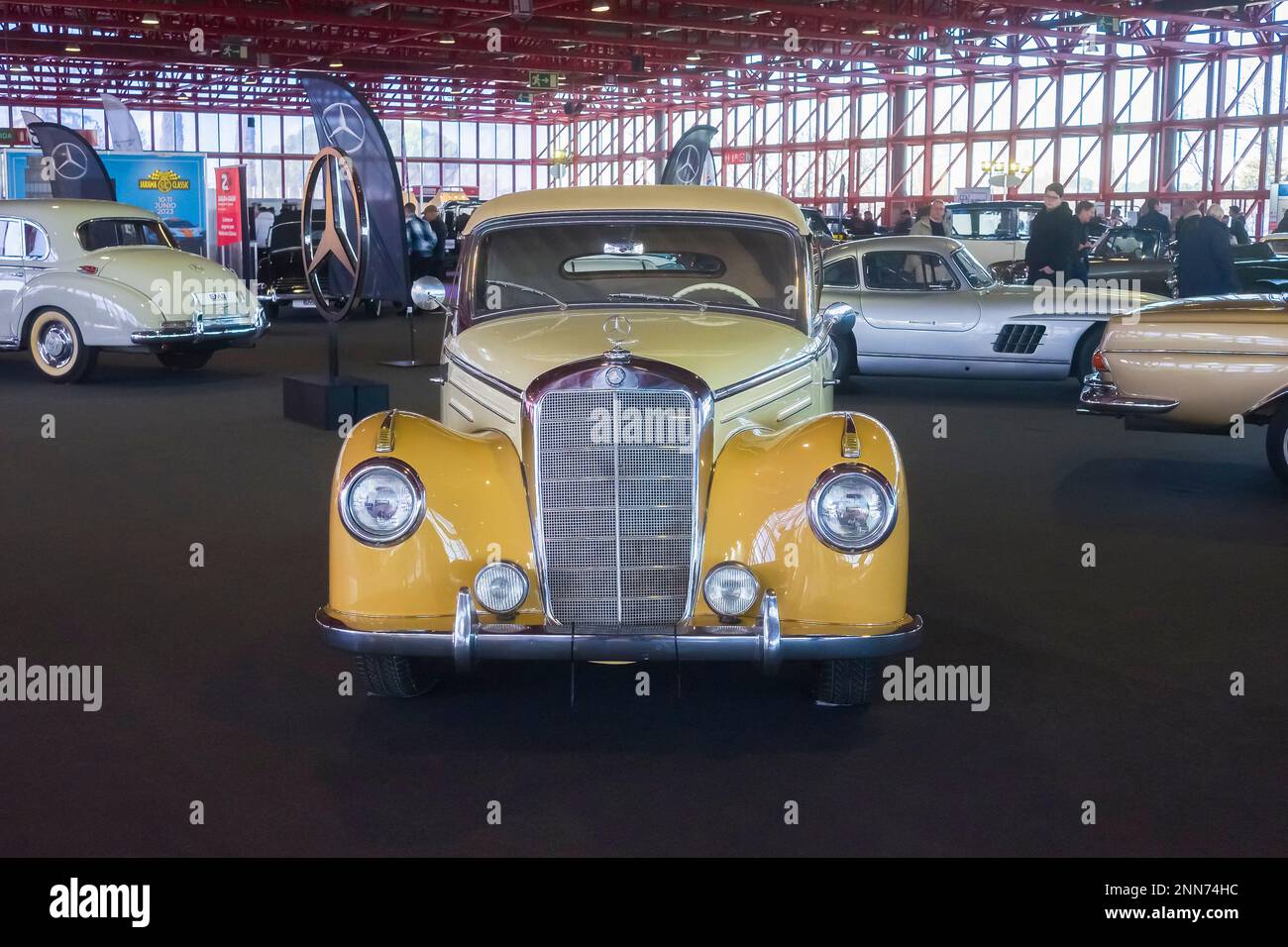 Front view of Mercedes Benz classic car at the ClassicMadrid exhibition ...